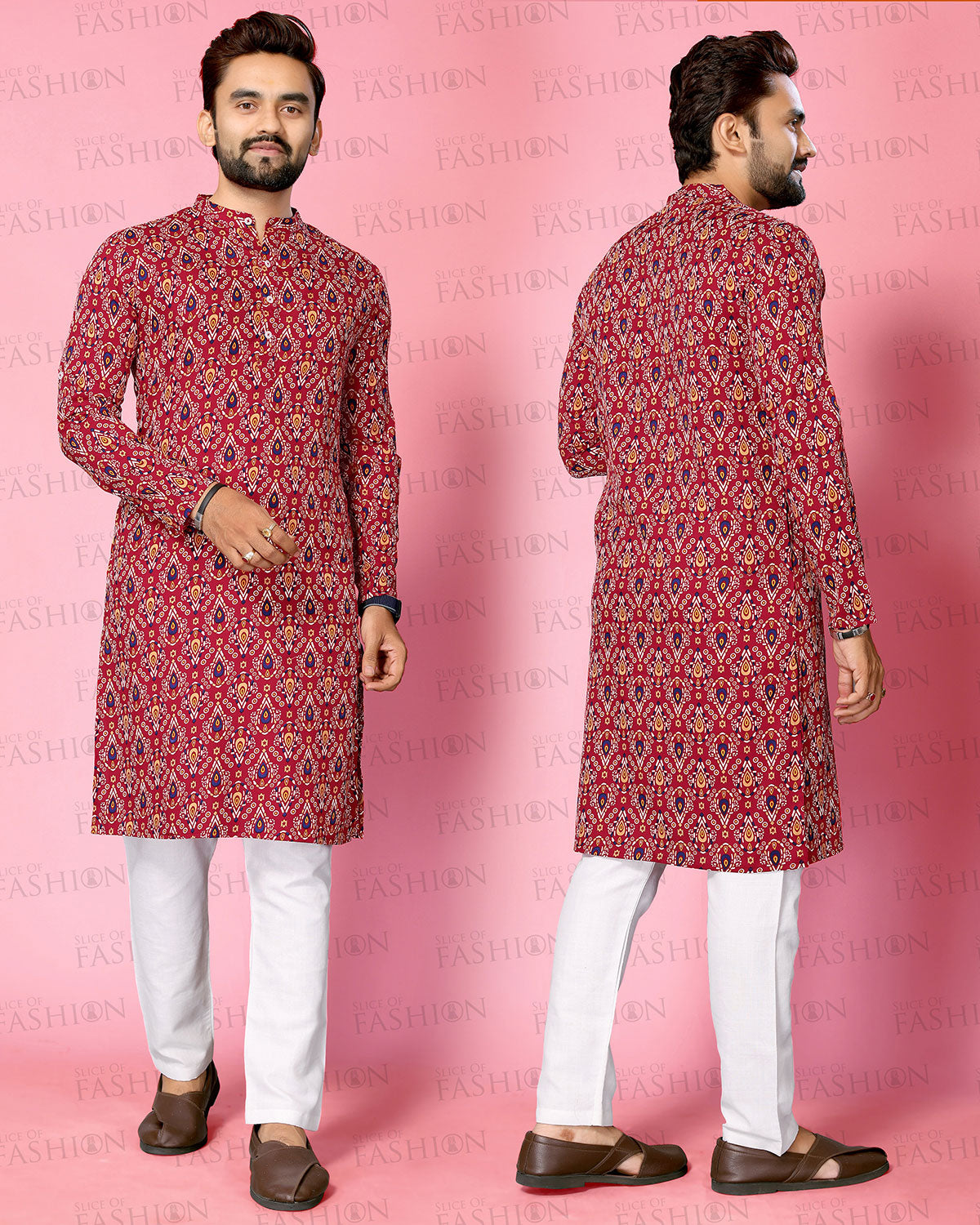 Maroon Band Collar Crepe Straight Long Kurta – The Fab Factory
